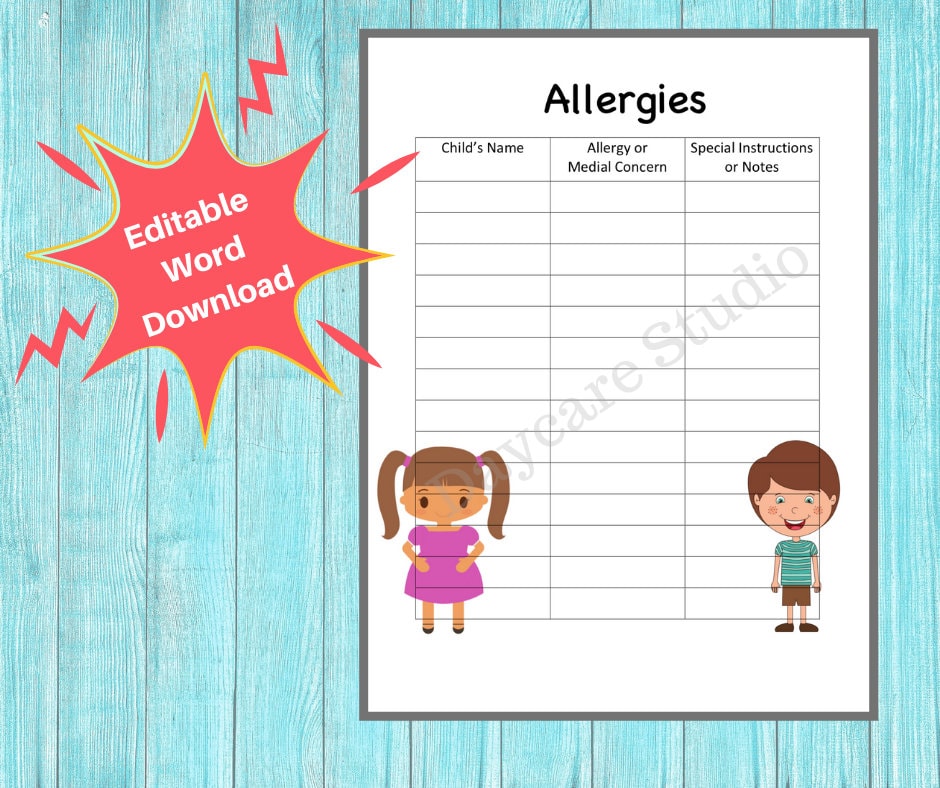 DAYCARE ALLERGY LIST/ Childcare Center Printable Child Allergy - Etsy ...