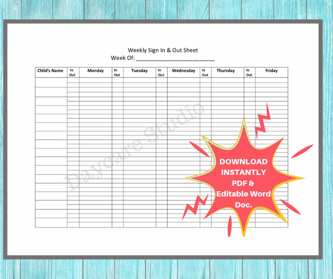 SIGN IN/OUT Log- Daycare Printable Daily and Weekly Sign in and Out ...