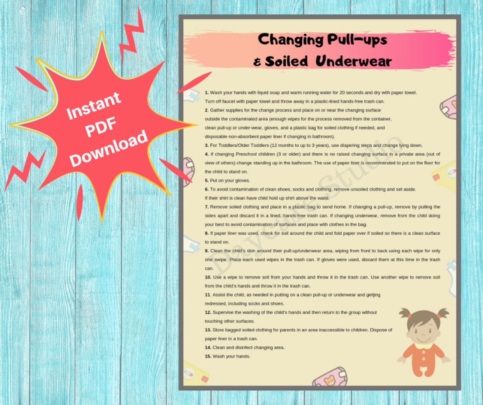 DIAPER CHANGING STEPS- Daycare Printable Diapering & Pull-up Changing ...