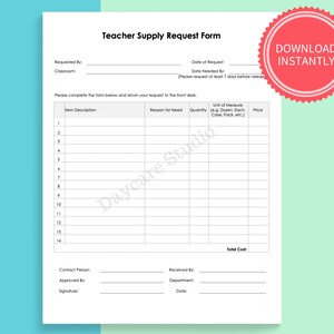 DAYCARE SUPPLY FORM/ Childcare Center Teacher Supply Request Form ...