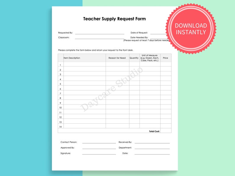 DAYCARE SUPPLY FORM/ Childcare Center Teacher Supply Request Form ...