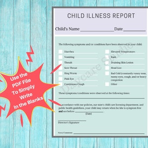 Child Illness Report: Daycare/preschool Symptom Form (printable PDF) - Etsy