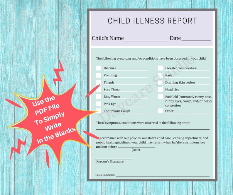 Child Illness Notice- Daycare Printable Child Sick Report /preschool ...