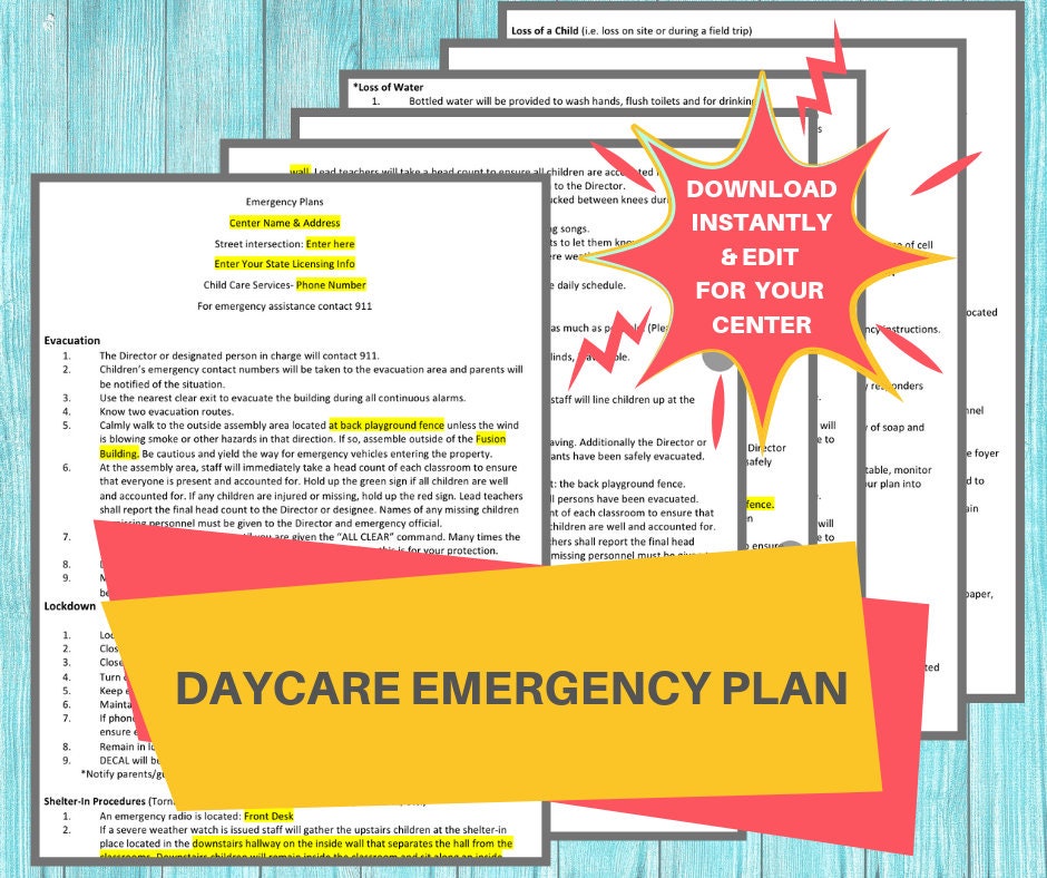 Daycare Emergency Plan Template: Childcare Center Forms (editable Word ...
