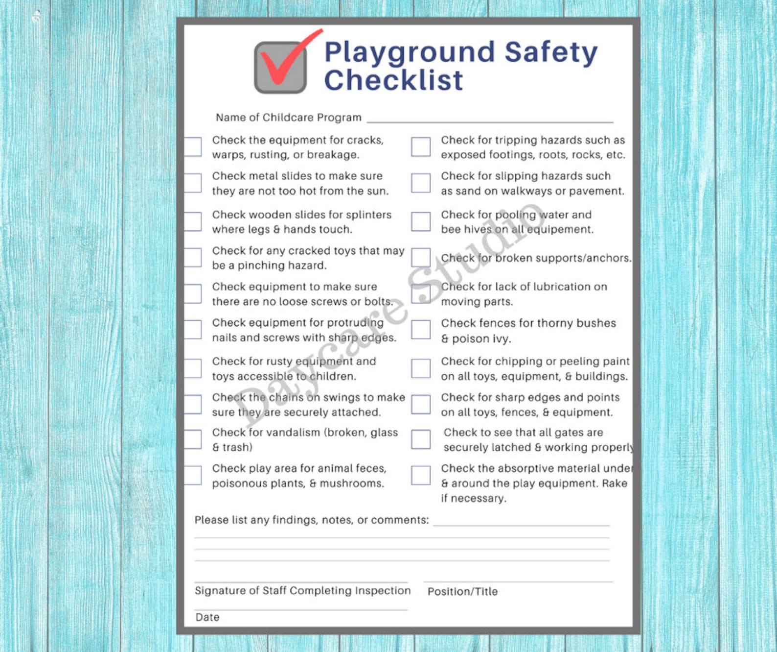 Daycare Playground Inspection Checklist & Safety Guide / - Etsy