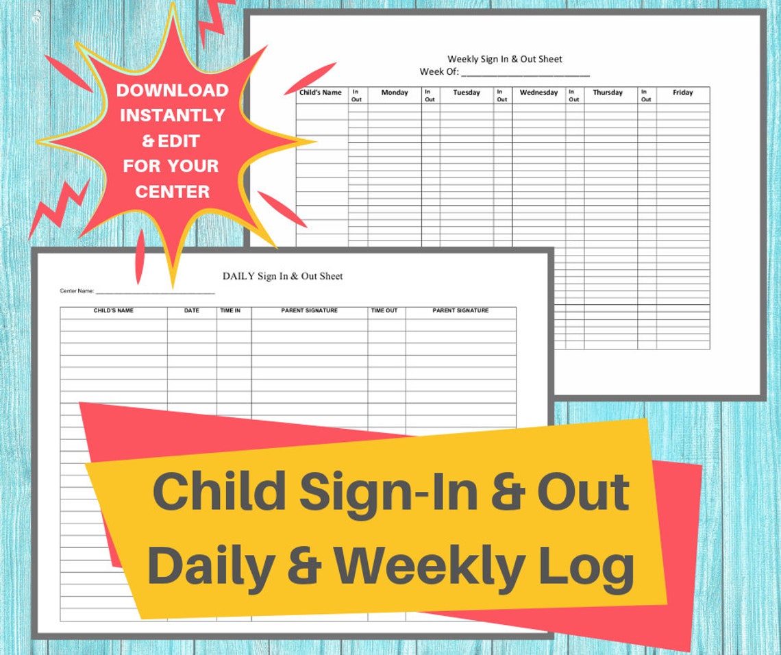 SIGN IN/OUT Log- Daycare Printable Daily and Weekly Sign in and Out ...