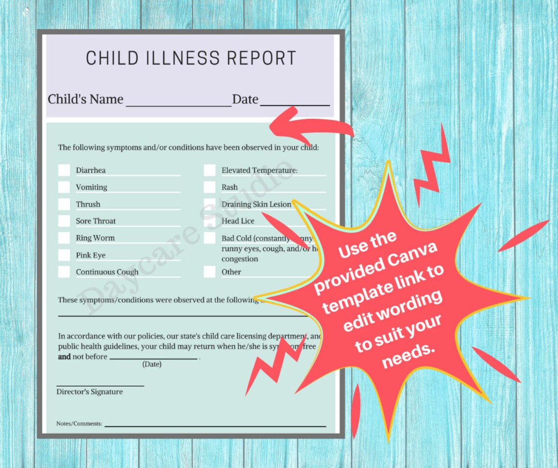Child Illness Report: Daycare/preschool Symptom Form (printable PDF) - Etsy