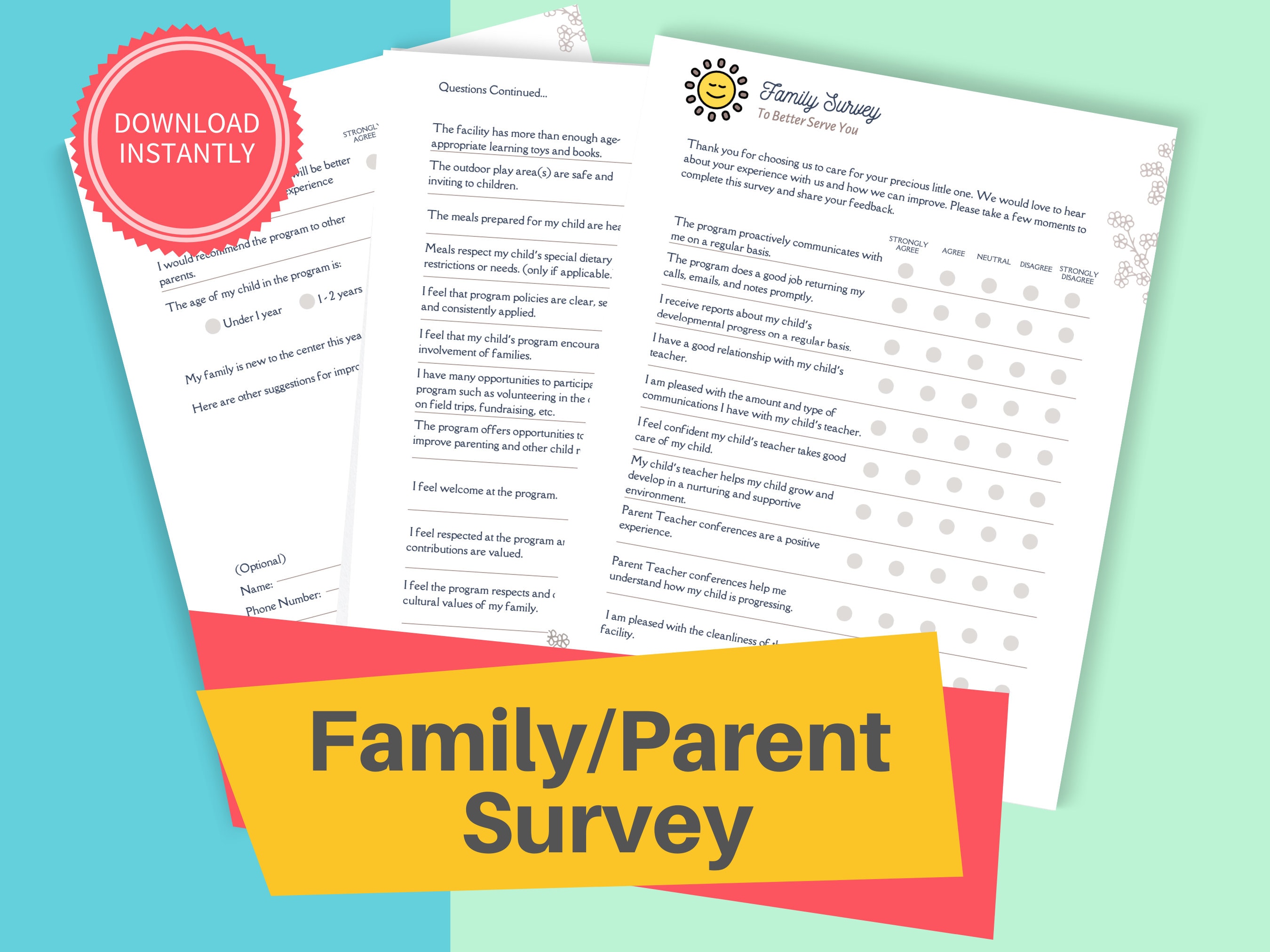 DAYCARE PARENT SURVEY/ Childcare Center Printable Parent Survey Form ...