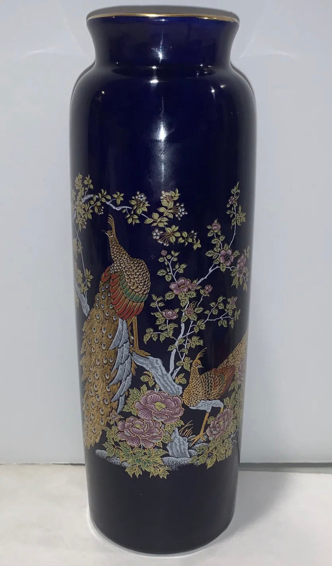 Vintage Cobalt Blue Japanese Style Vase Peacock Flowers Gold Trim 10 ...