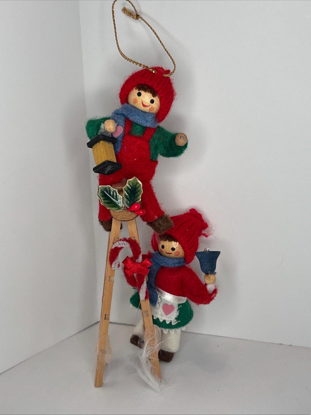 Vintage Christmas Ornament Boy and Girl Elf on Ladder Wood & Felt 6.5 ...