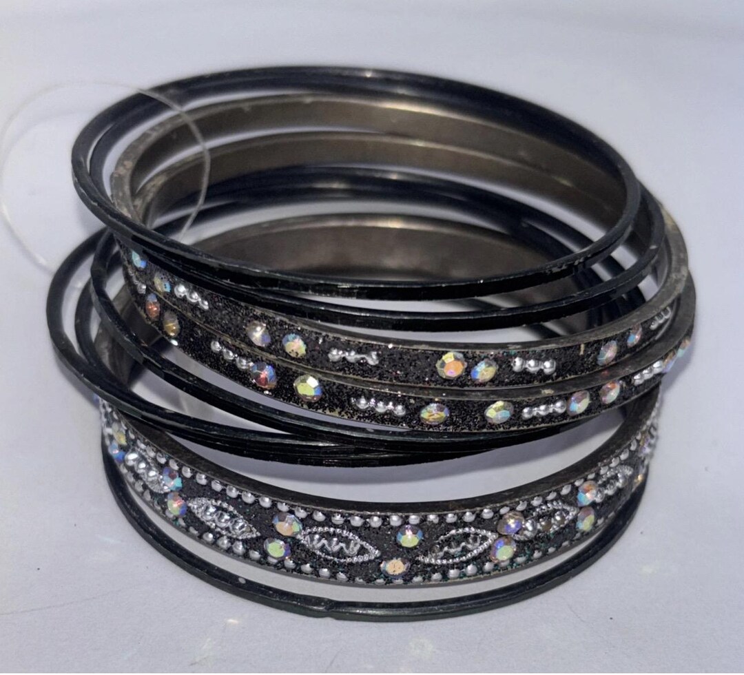 Bangle Bracelet Stack of 9 - Vintage Metal Black Tone Texture Sequin ...