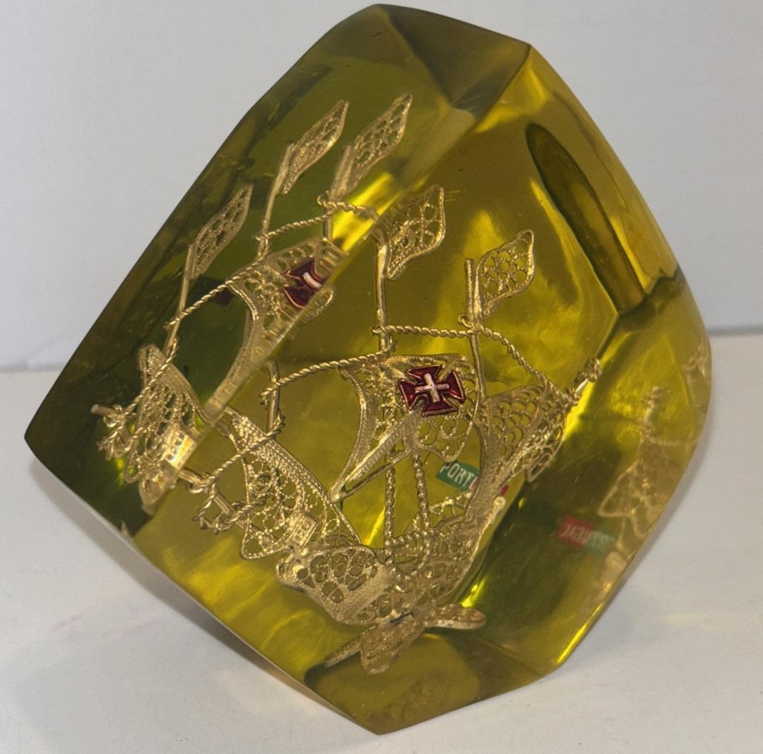 Vintage Amber Lucite Encased Ship Paperweight Gold Red Portugal 4" - Etsy