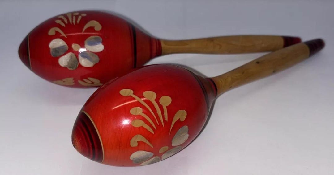 Vintage Wooden Painted Red Maracas Hand Carved Flowers Shakers ...