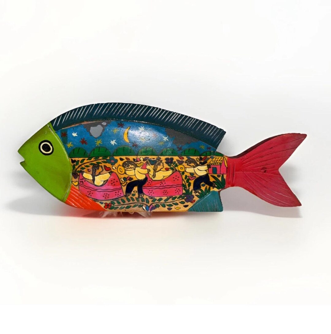 Oaxaca Mexican Folk Art Large Wood Fish Hand Painted With Traditional ...