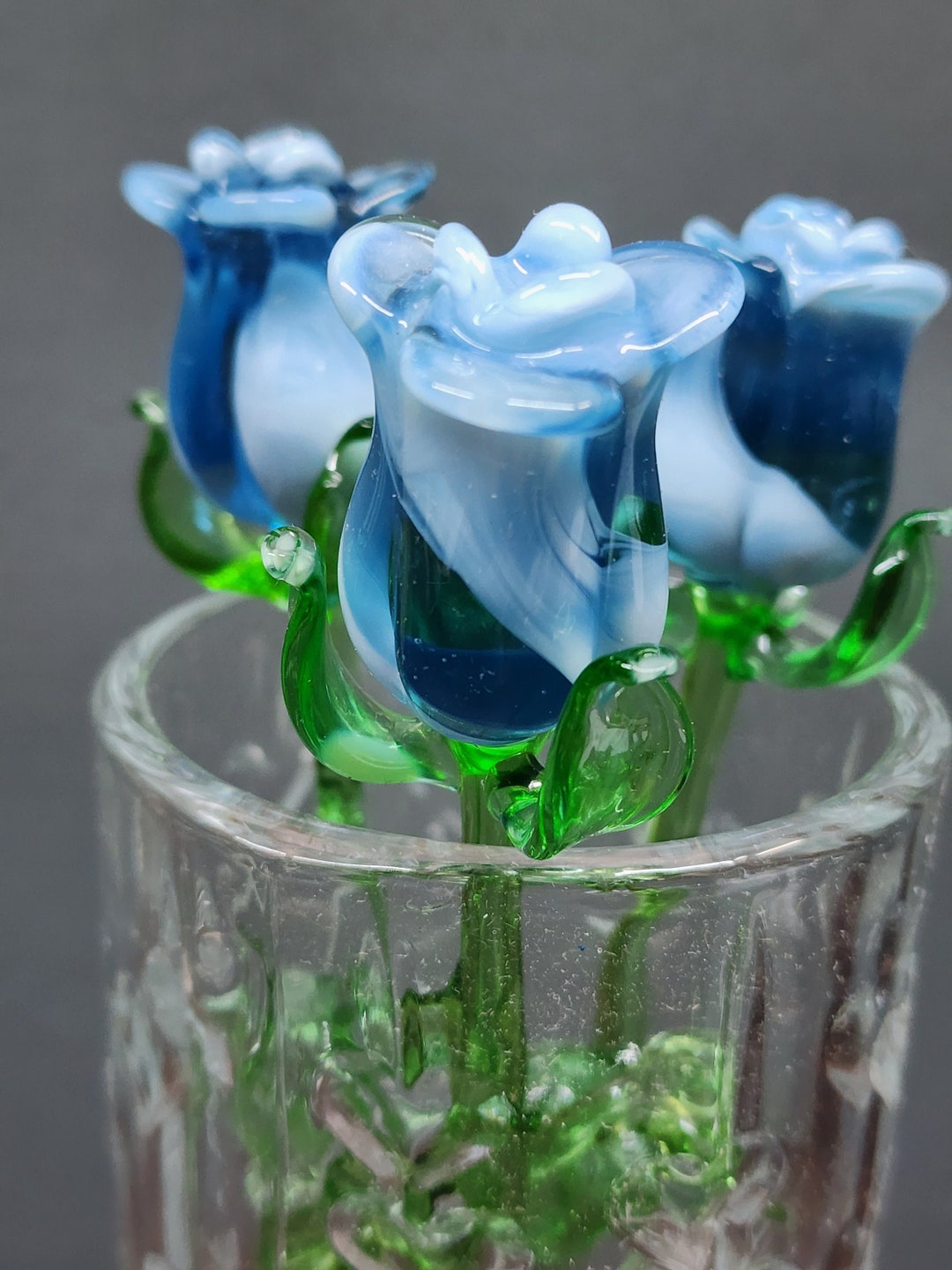 Medium Stem Light Blue Glass Rose, Murano Quality Blue and White Mixed ...