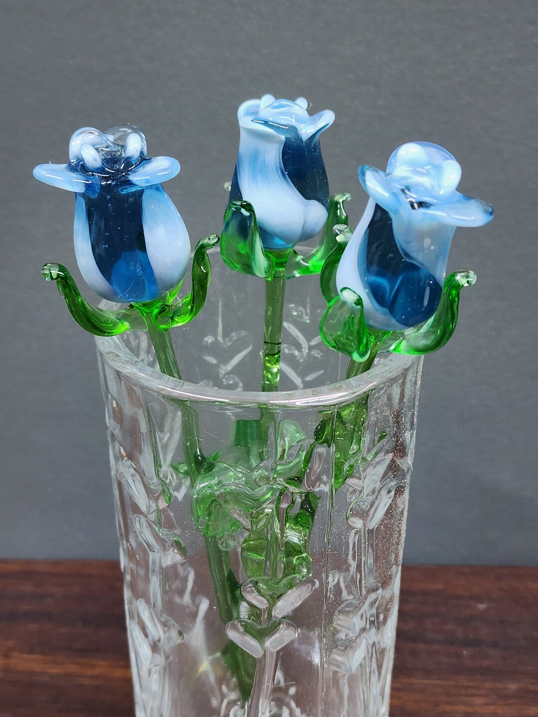 Medium Stem Light Blue Glass Rose, Murano Quality Blue and White Mixed ...