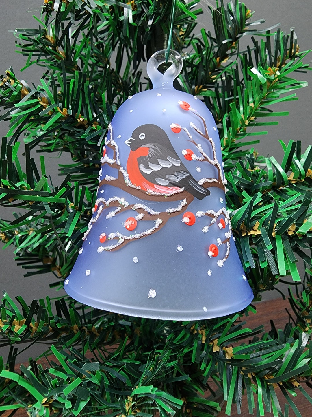 Finch Bell Ornament Blown Glass Hand Painted Made in Ukraine Baby Blue ...