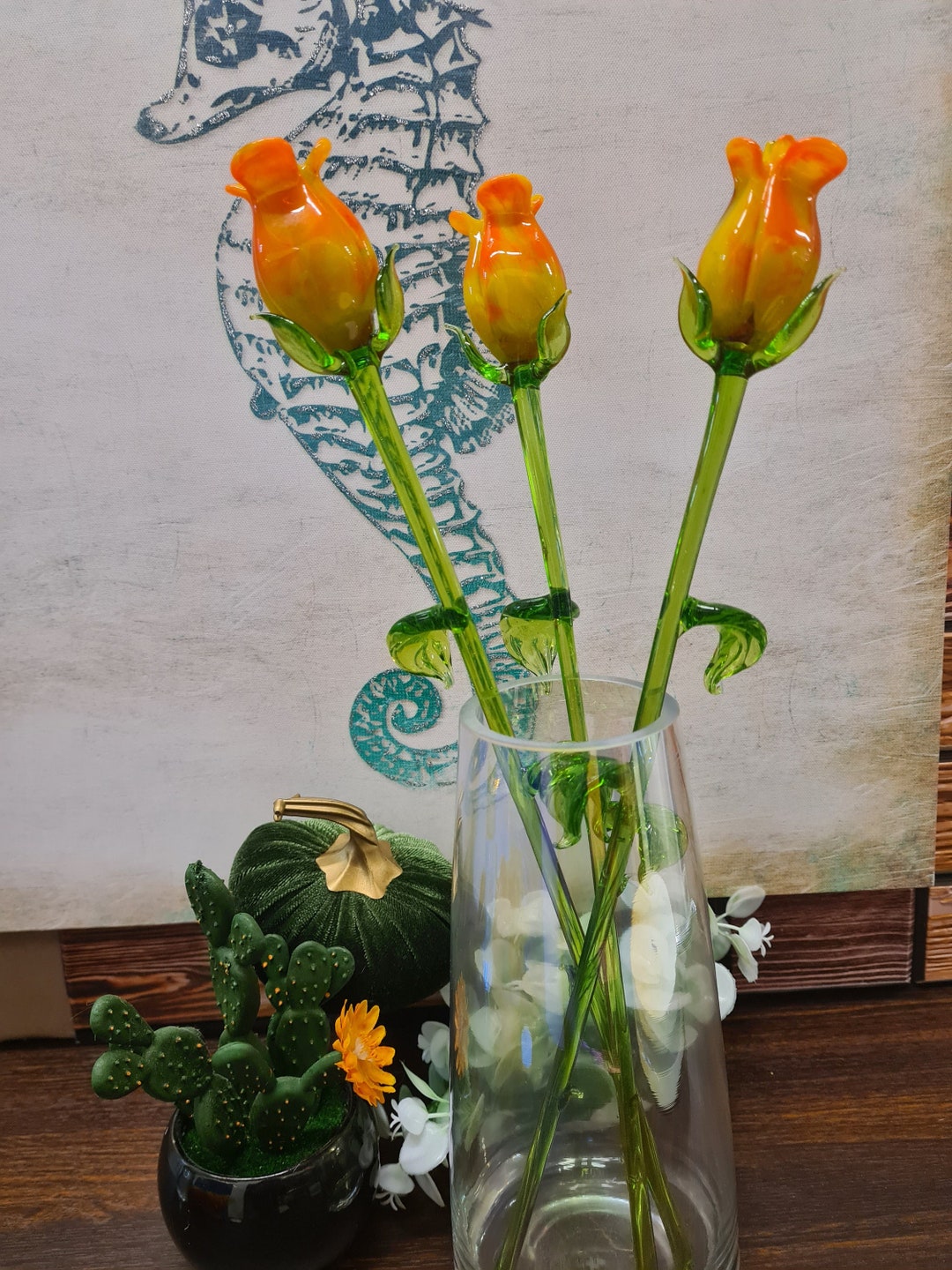 Long Stem Glass Rose Yellow Yellowish Orange Mix New Style Blown Glass ...