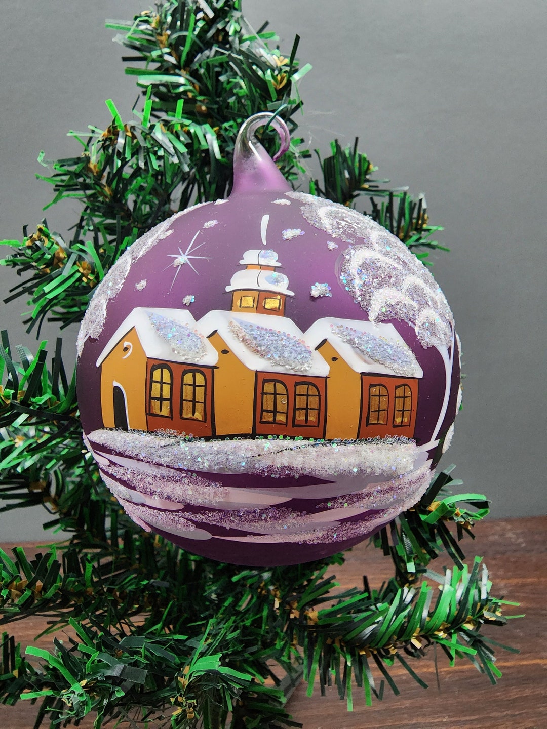Large Purple Glass Ornament Blown Glass Hand Painted Natural Glass Loop ...