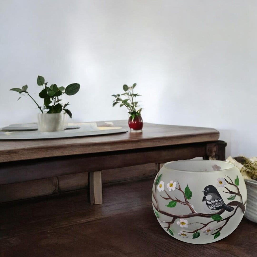 Frosted Glass Candle Holder, Hand Crafted in Ukraine, Chickadee ...