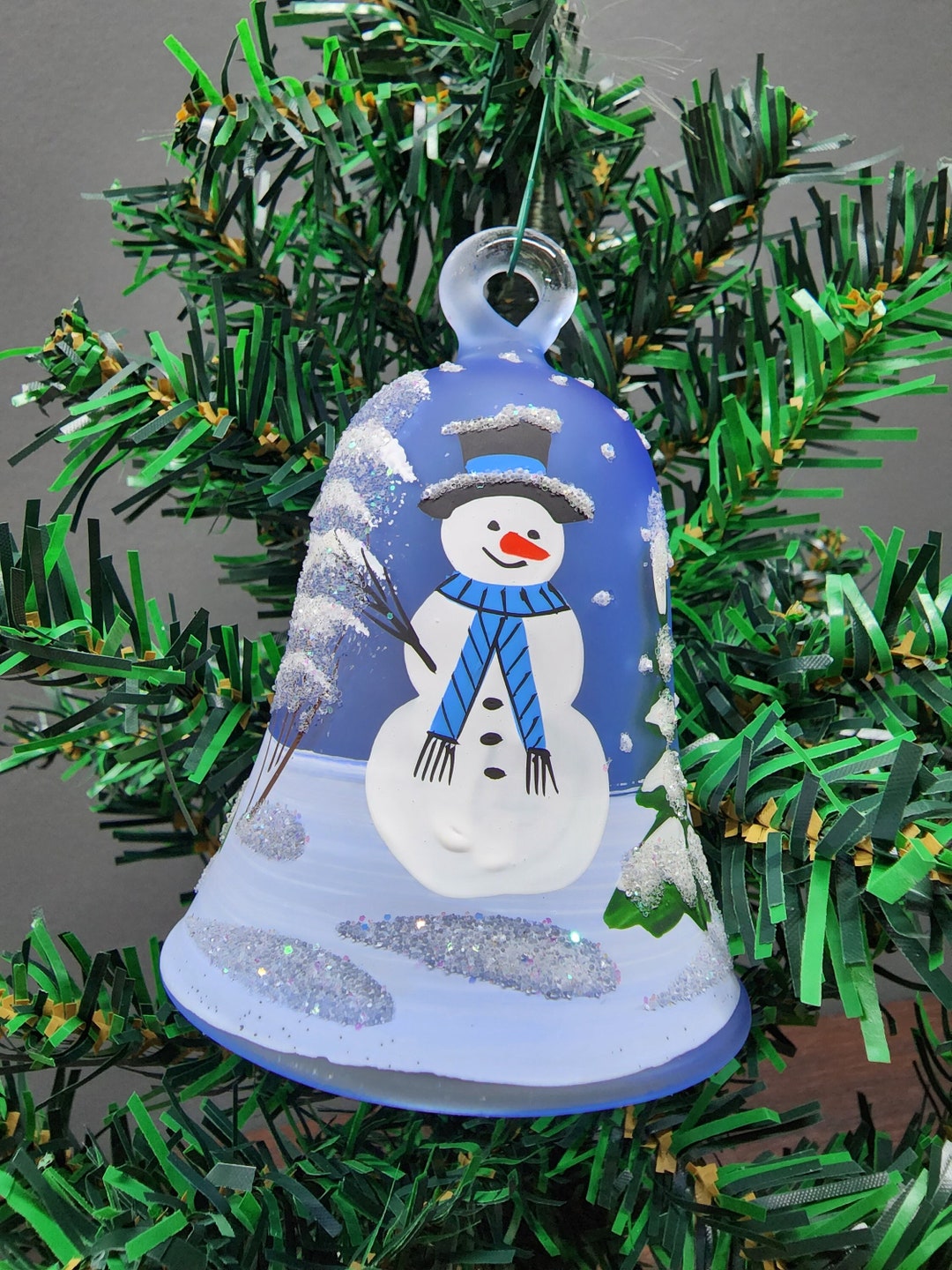 Snowman Light Blue Glass Bell With Clapper Blown Glass, Hand Made in ...