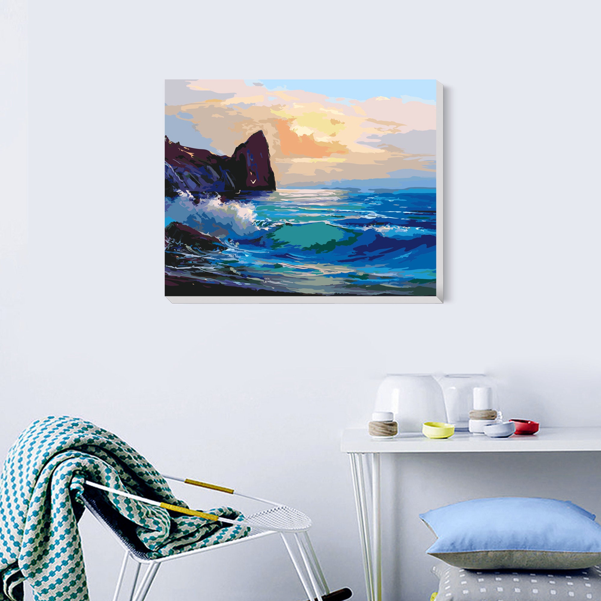Blue Ocean Waves Paint by Numbers Kit, Framed Canvas Wall Art (16x20 ...