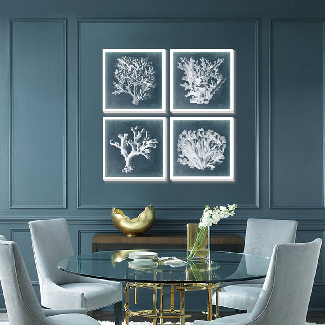 Blue Navy Beach Decor Wall Art Sea Coral 4 Piece Set Framed | Etsy