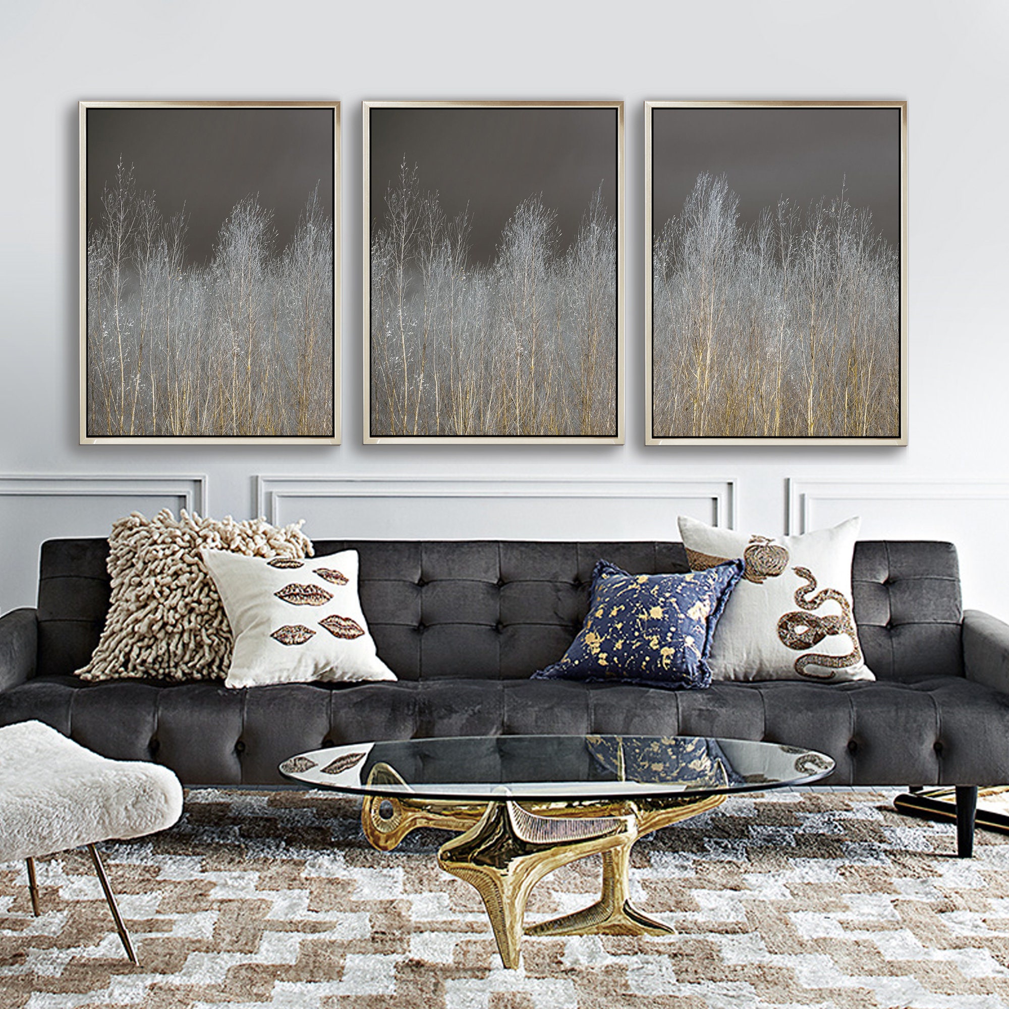 Abstract Trees Golden Tree With Slive Leaves Canvas Print Modern Art ...