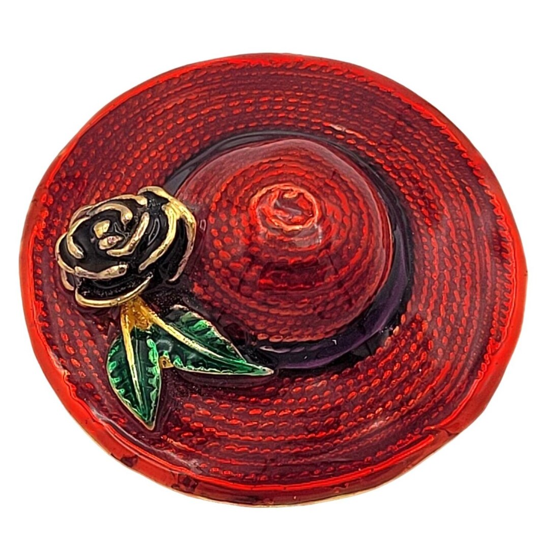 Vintage Red Enamel Hat Brooch Pin With Black Band & Rose Design Cast ...
