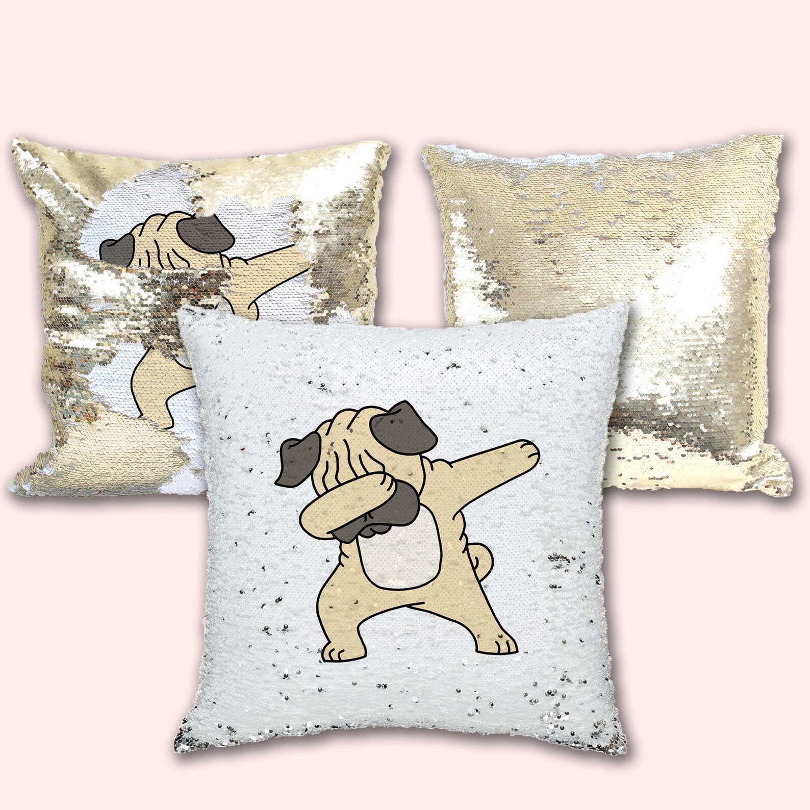 Dab Pug Dabbing Cute Puppy Dog Secret Magic Sequin Cushion Pillow Two ...