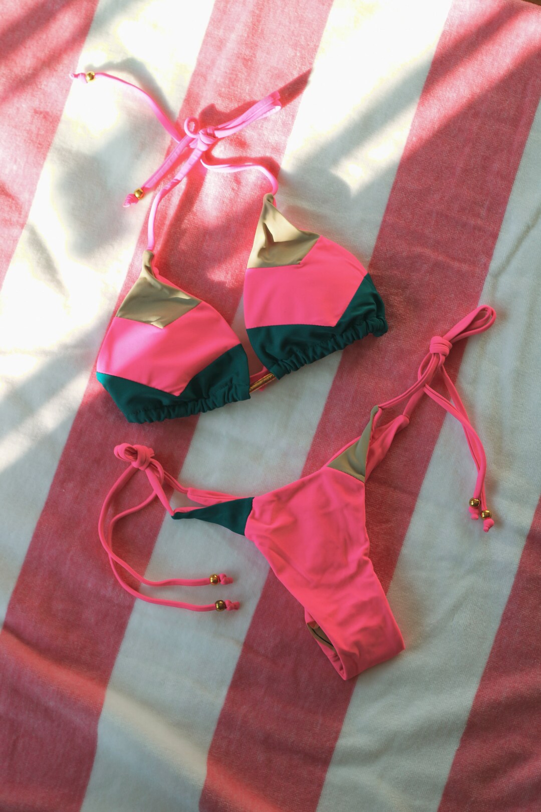 Triangle Bikini Set Boho Swimsuit Striped Bikini Set Brown Triangle