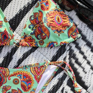 Triangle Bikini Set, Boho Swimsuit, Striped Bikini Set, Green Triangle ...