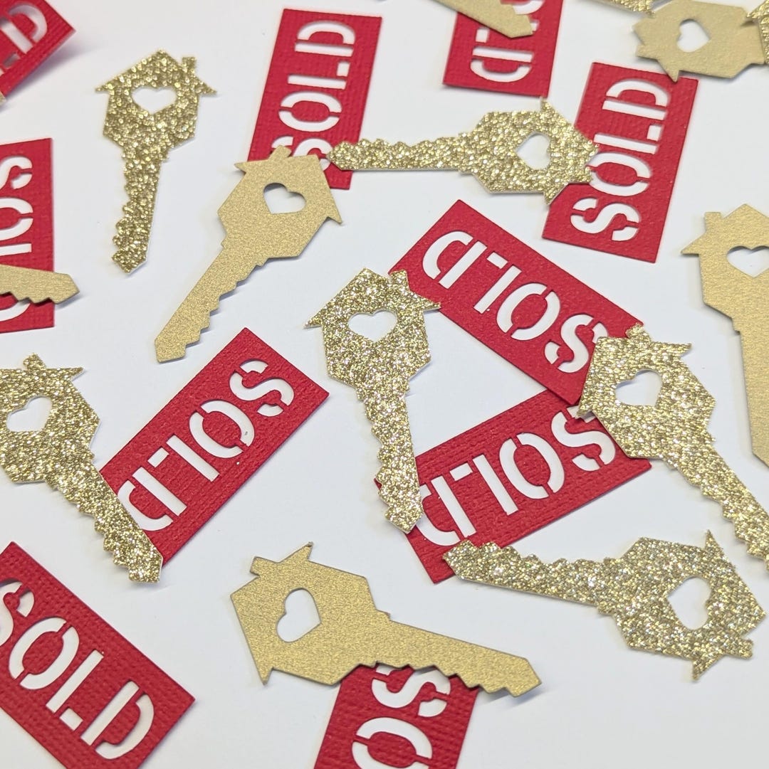 Housewarming Confetti | Gold Keys, Red Sold Signs | New Home Party ...