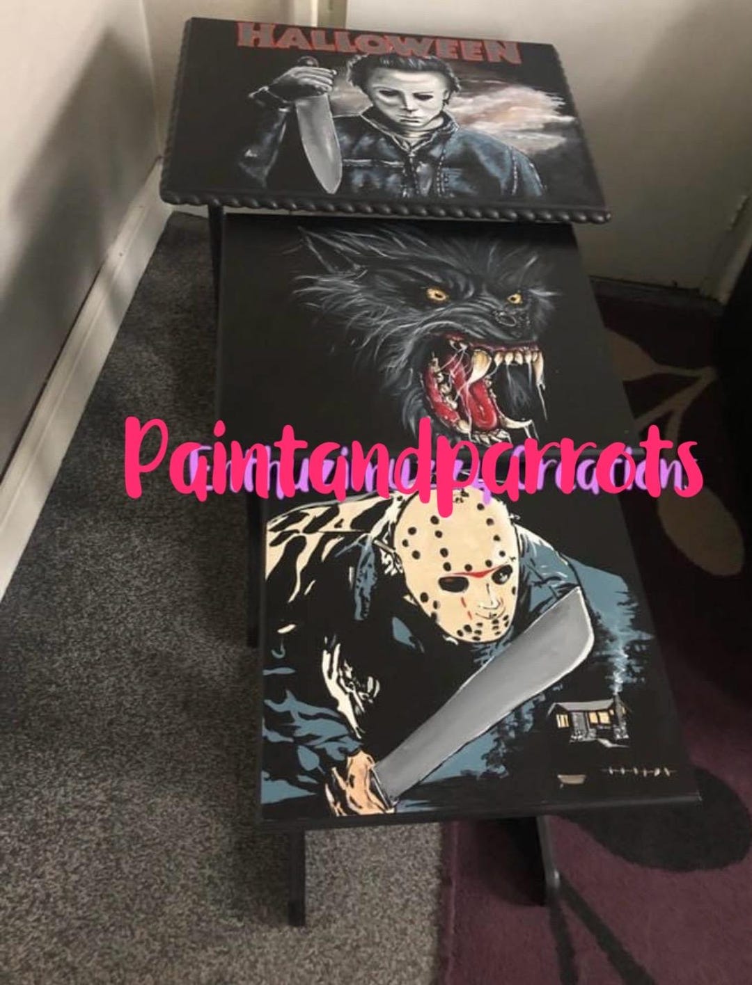 Horror Film Inspired Wooden Hand Painted Trio of Tables Werewolf, Jason ...