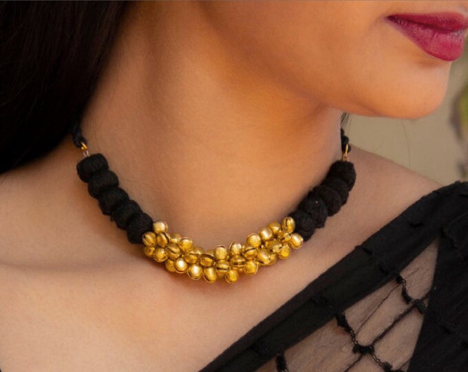Handmade Black Braided Thread Golden Ghungroo Choker Necklace Set ...