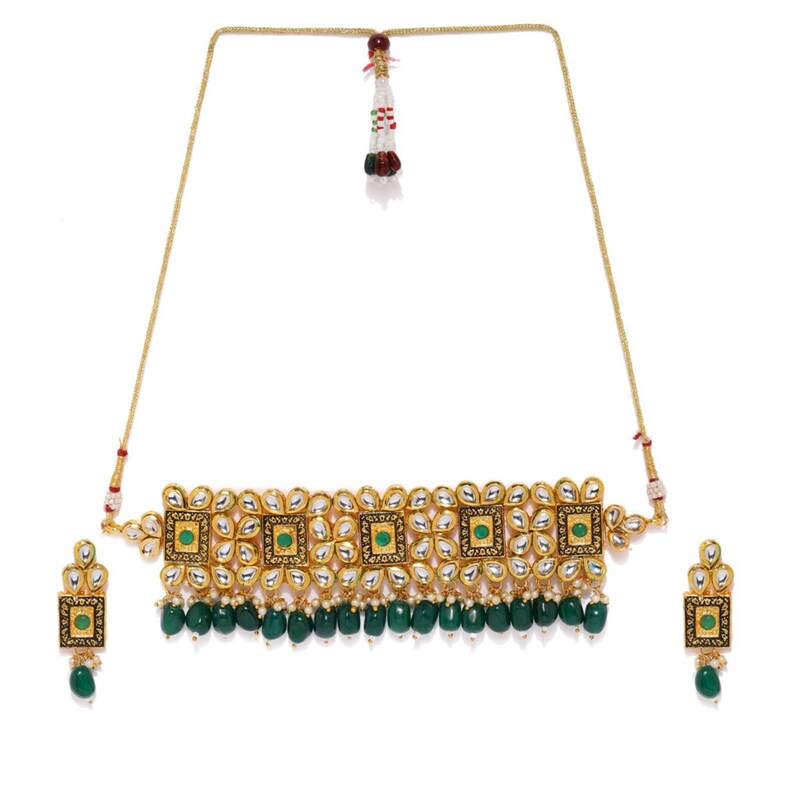 Zaveri Pearls Gold Tone Kundan Dangling Green Beads Choker Etsy