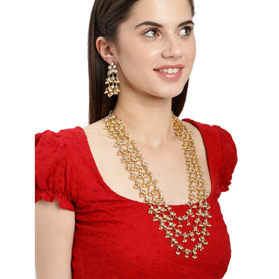 Kundan Stones & White Pearls Multi Layered Long Necklace Dangler ...