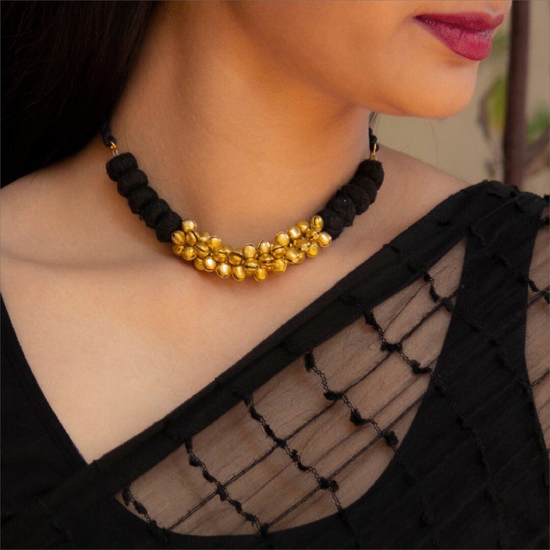 Handmade Black Braided Thread Golden Ghungroo Choker Necklace Set ...