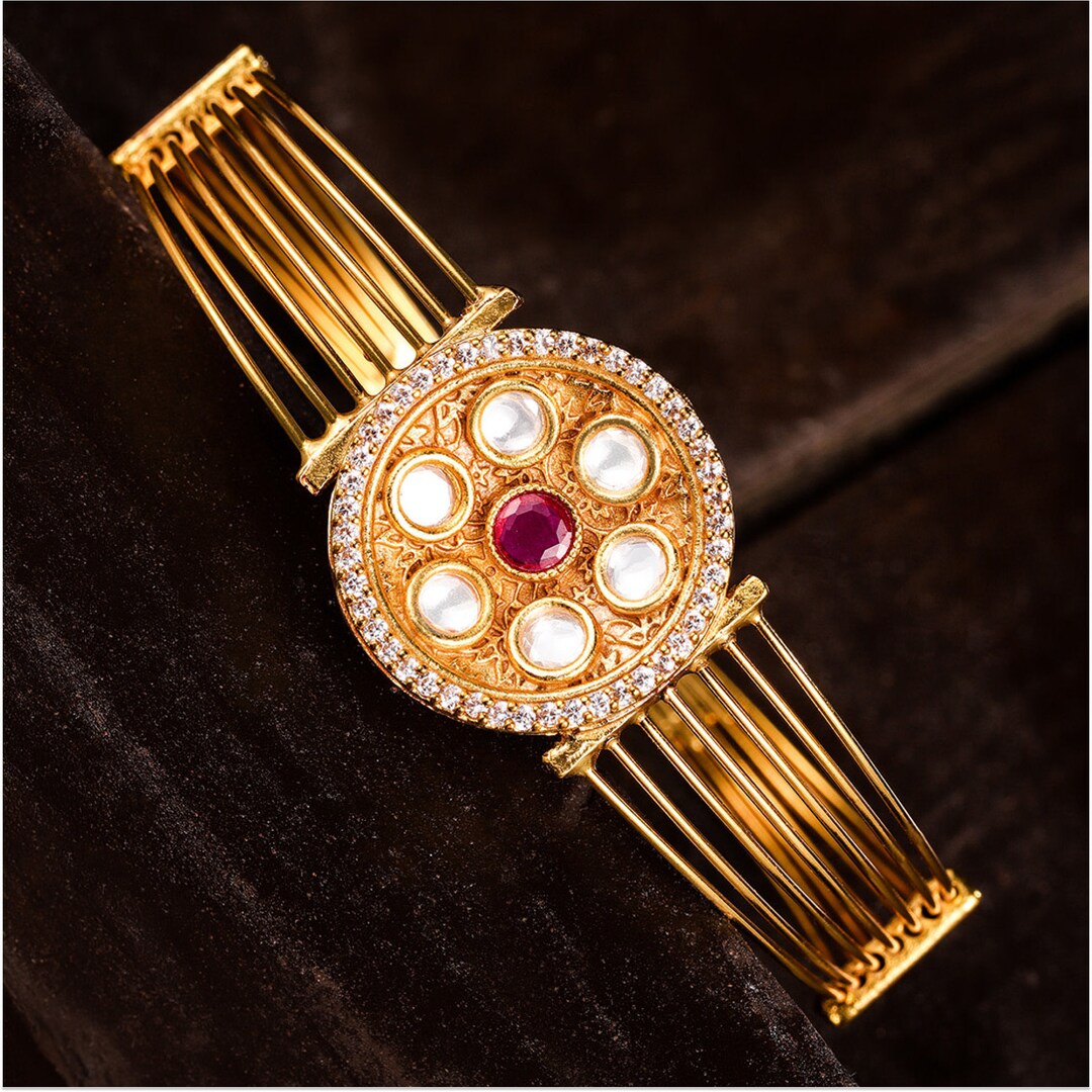 Kundan & Red Stones Contemporary Layered Kada Bracelet With Adjustable ...