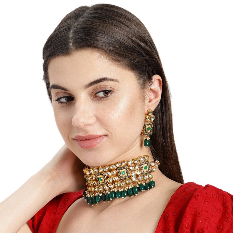 Zaveri Pearls Gold Tone Kundan Dangling Green Beads Choker Etsy