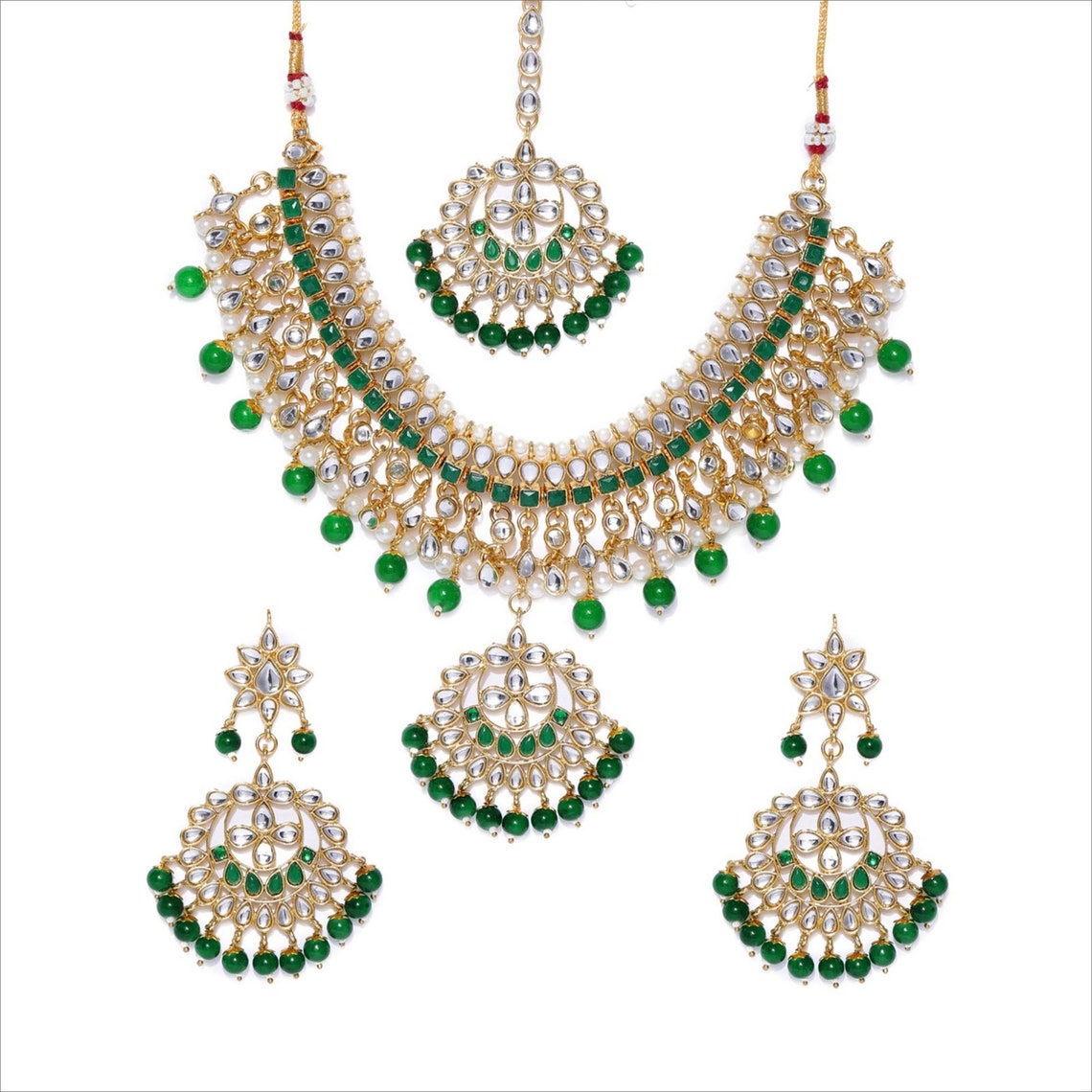 Zaveri Pearls Gold Tone Kundan And Green Beads Crescent Design Etsy