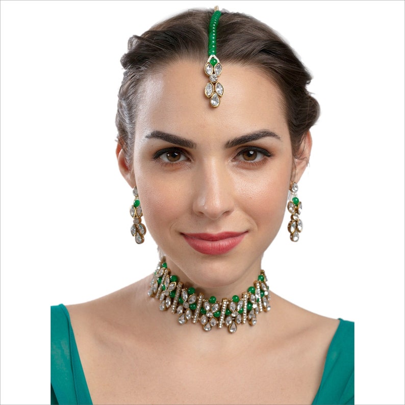 Zaveri Pearls Gold Plated Dazzling Kundan And Green Beads Floral Etsy