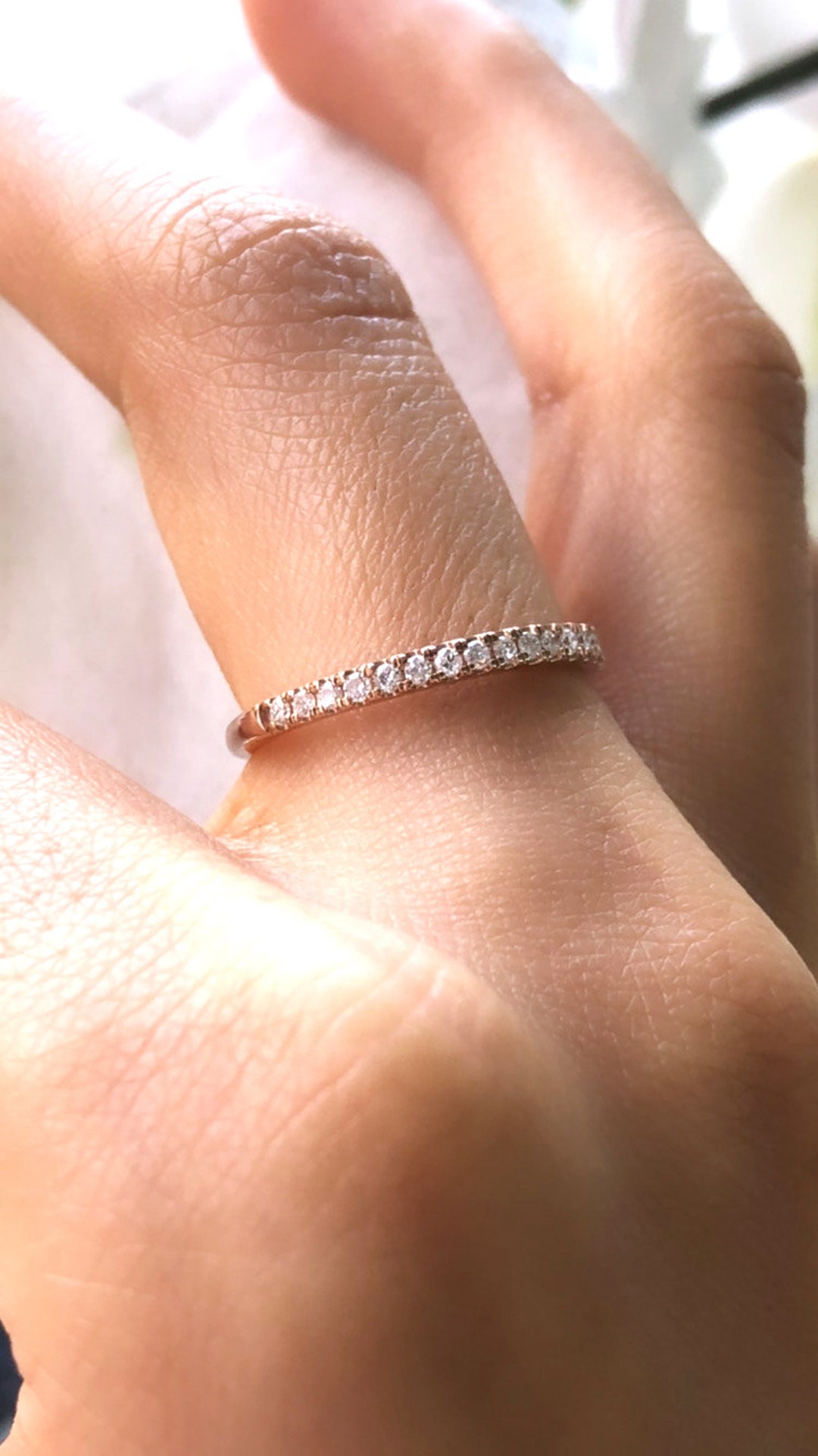 14k Gold Diamond Half Eternity Band, Dainty Wedding Band, Stackable ...
