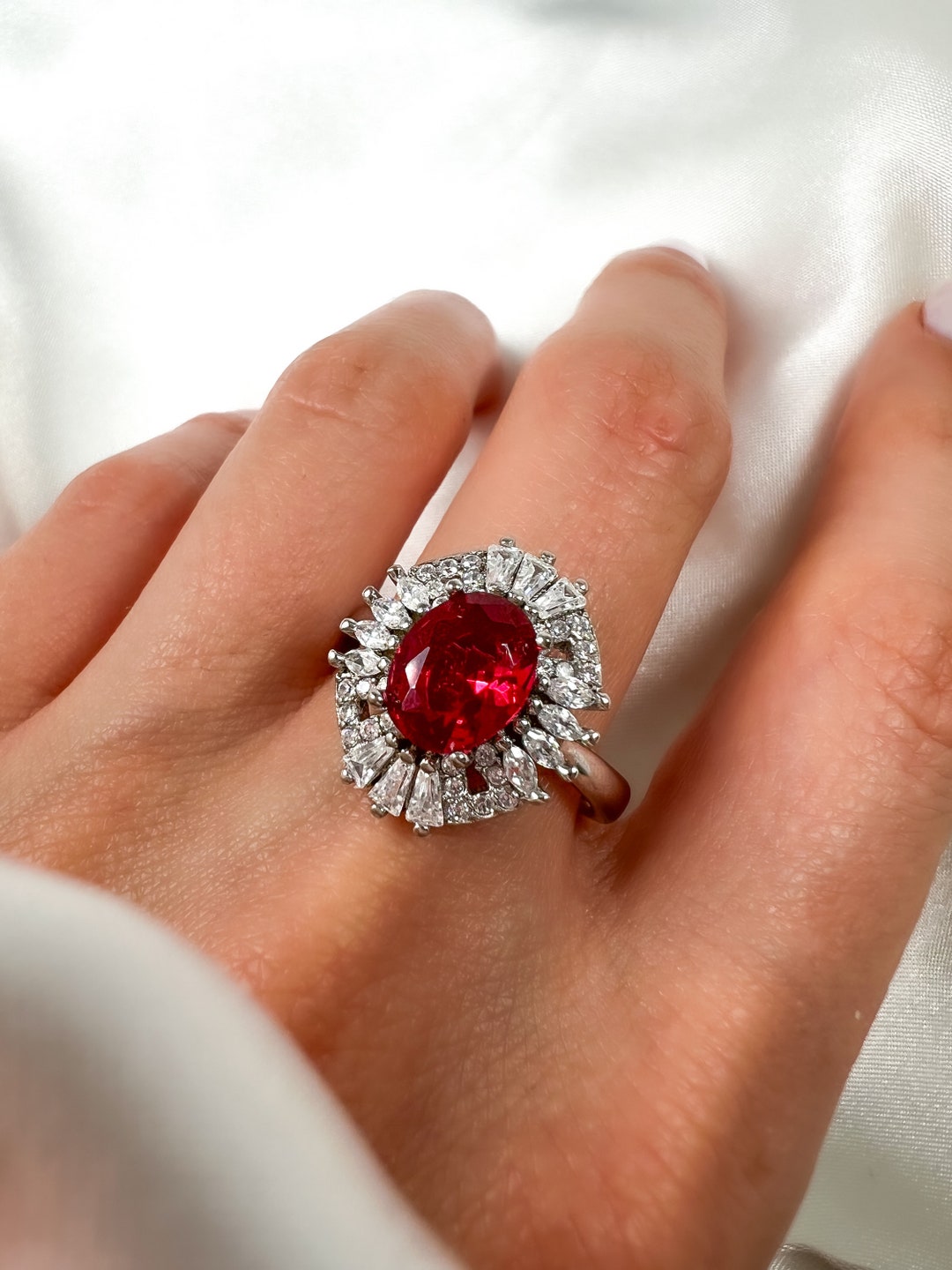 Oval Ruby Halo Ring: Simulated Diamonds, Sterling Silver, Vintage Style ...