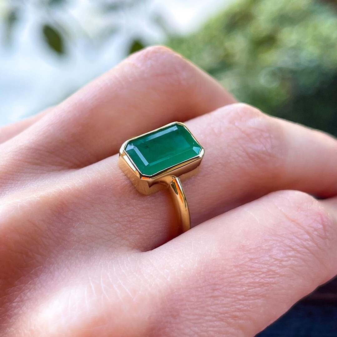 3.5ct Bezel Set Natural Emerald Solitaire Ring, Solid Gold Emerald Ring, Solitaire Emerald Ring ...