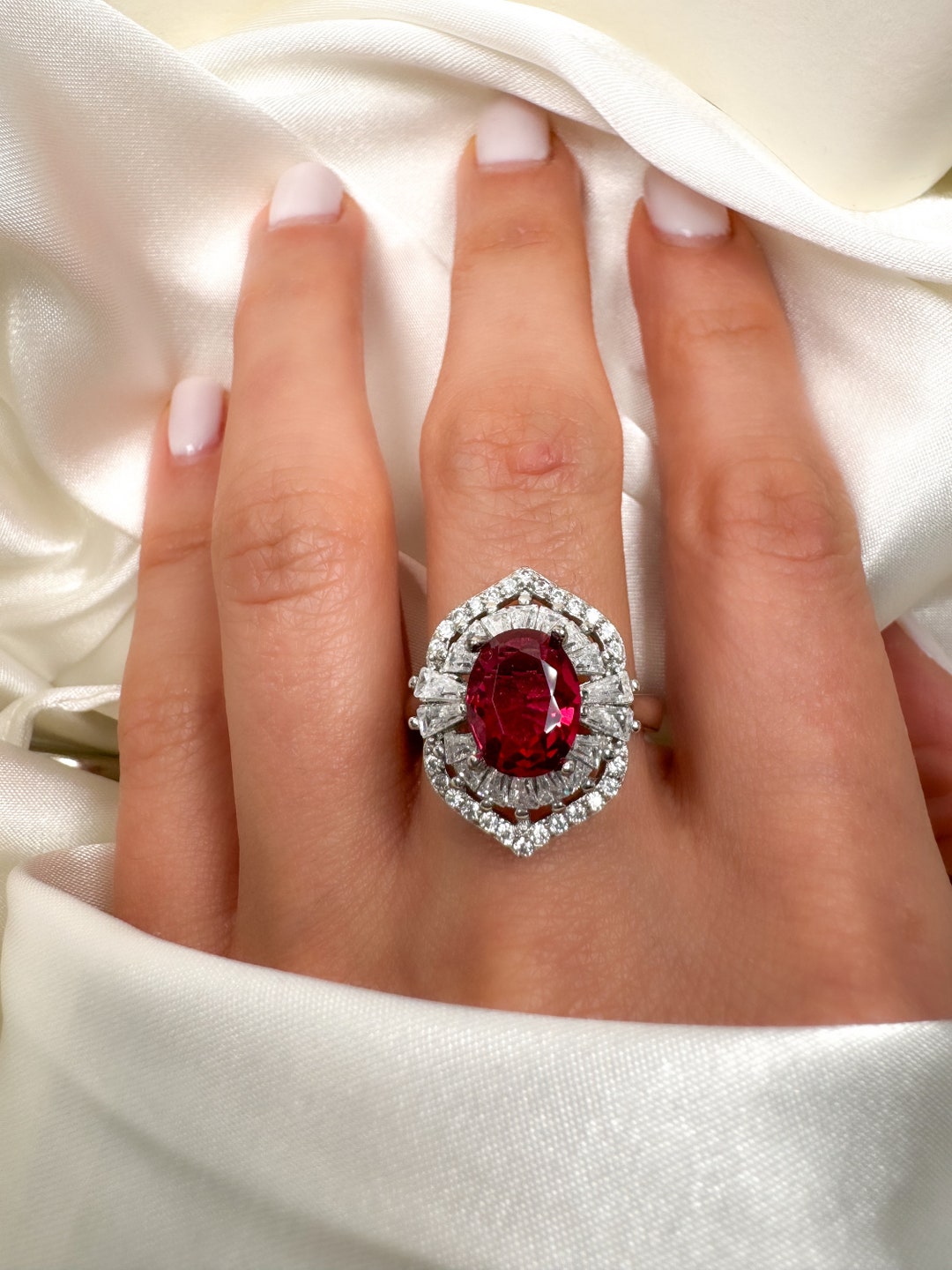 Ruby and Diamond Ring, Rhodium Plated Sterling Silver, Ruby Engagement ...