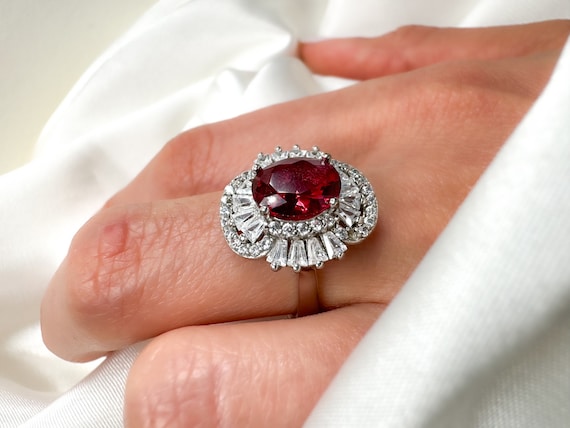 Ruby Engagement Ring Vintage Luxury Jewelry Rhodium Plated Sterling Silver Ring Ruby Statement Ring Silver Jewelry Rings Size 7