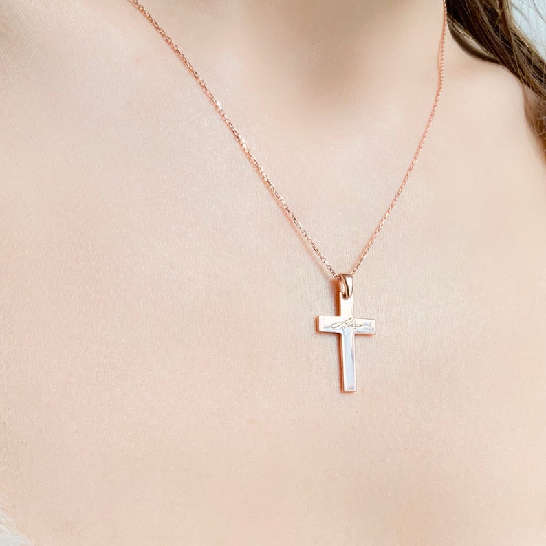 Rose Gold Cross Necklace for Women, Laser Engraved Necklace, Dainty ...