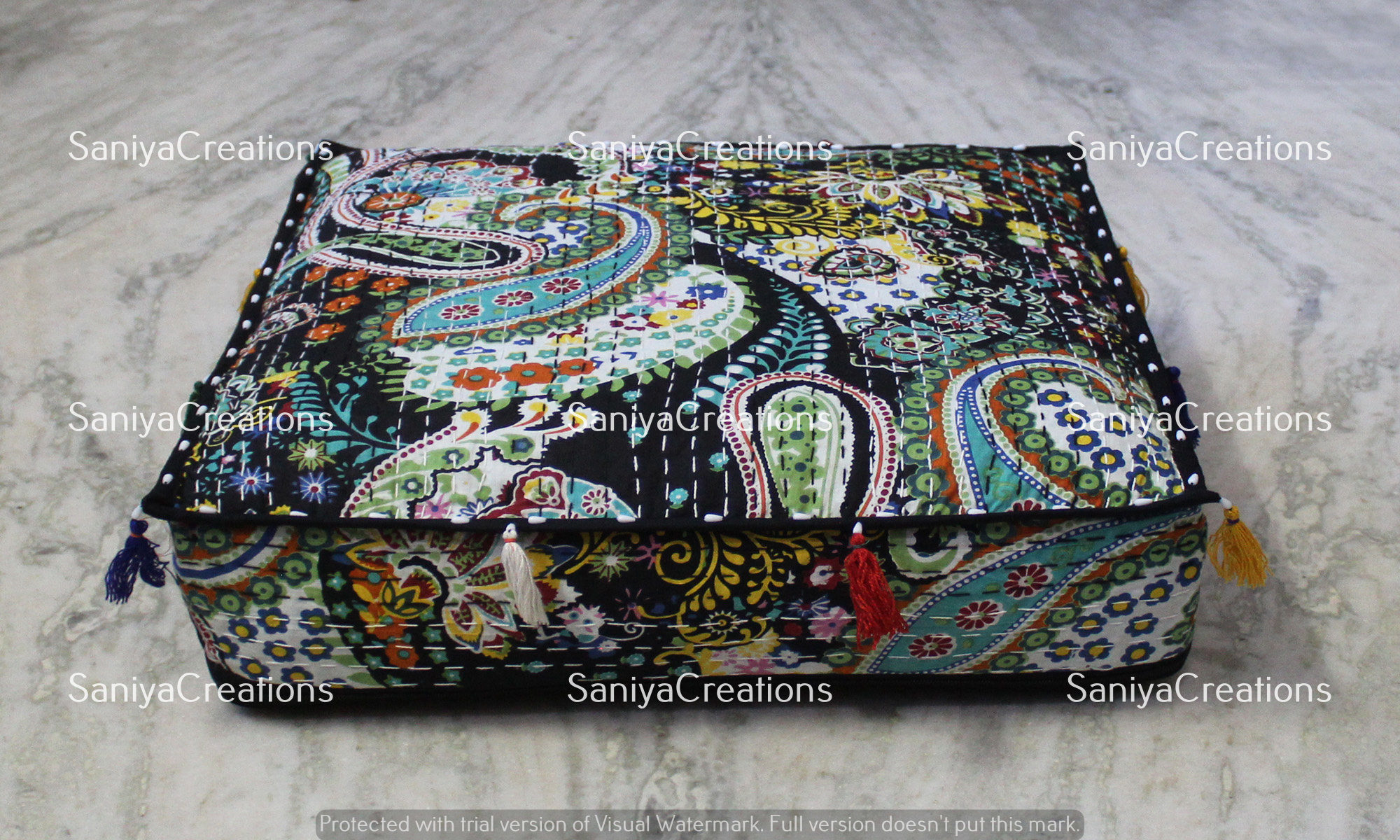 Indian Cotton Square Box Cushion Cover Handmade Cotton Quilted Chair ...