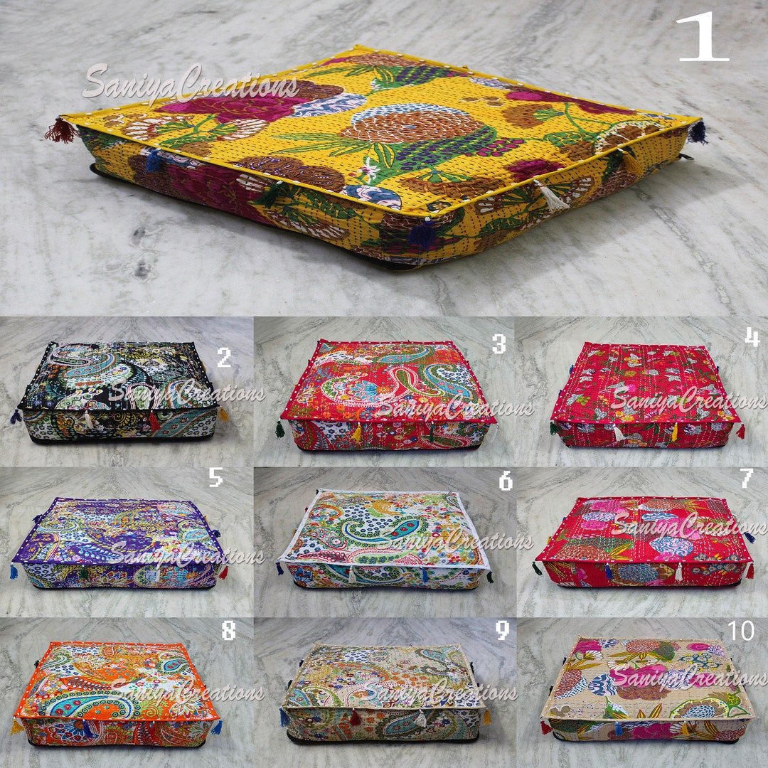 Indian Cotton Square Box Cushion Cover Handmade Cotton Quilted Chair ...